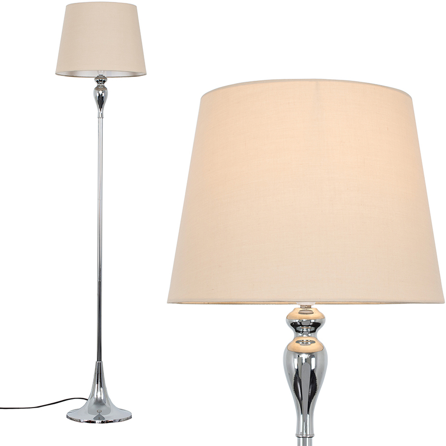 Modern Polished Chrome Spindle Design Floor Lamp With Beige Shade