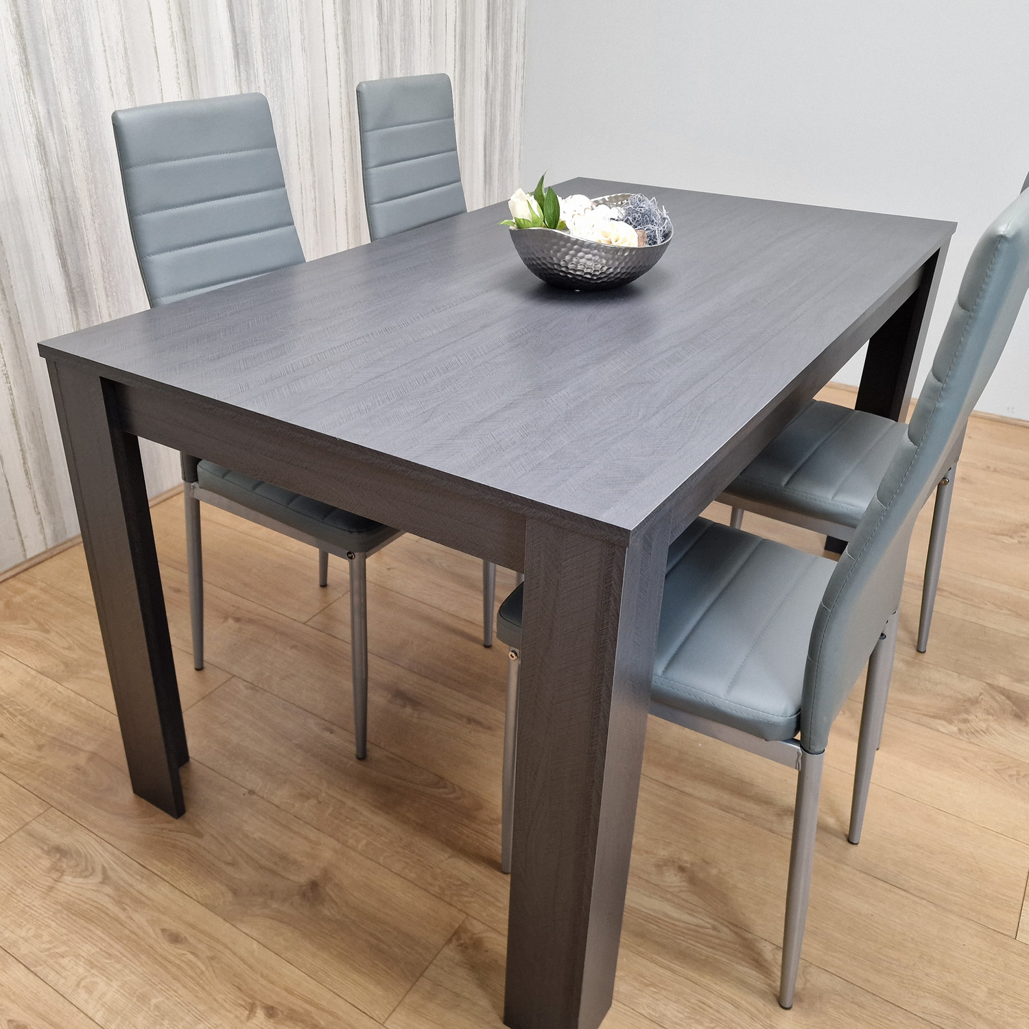 Dark Grey Dining Table Set with 4 Grey Faux Leather Chairs
