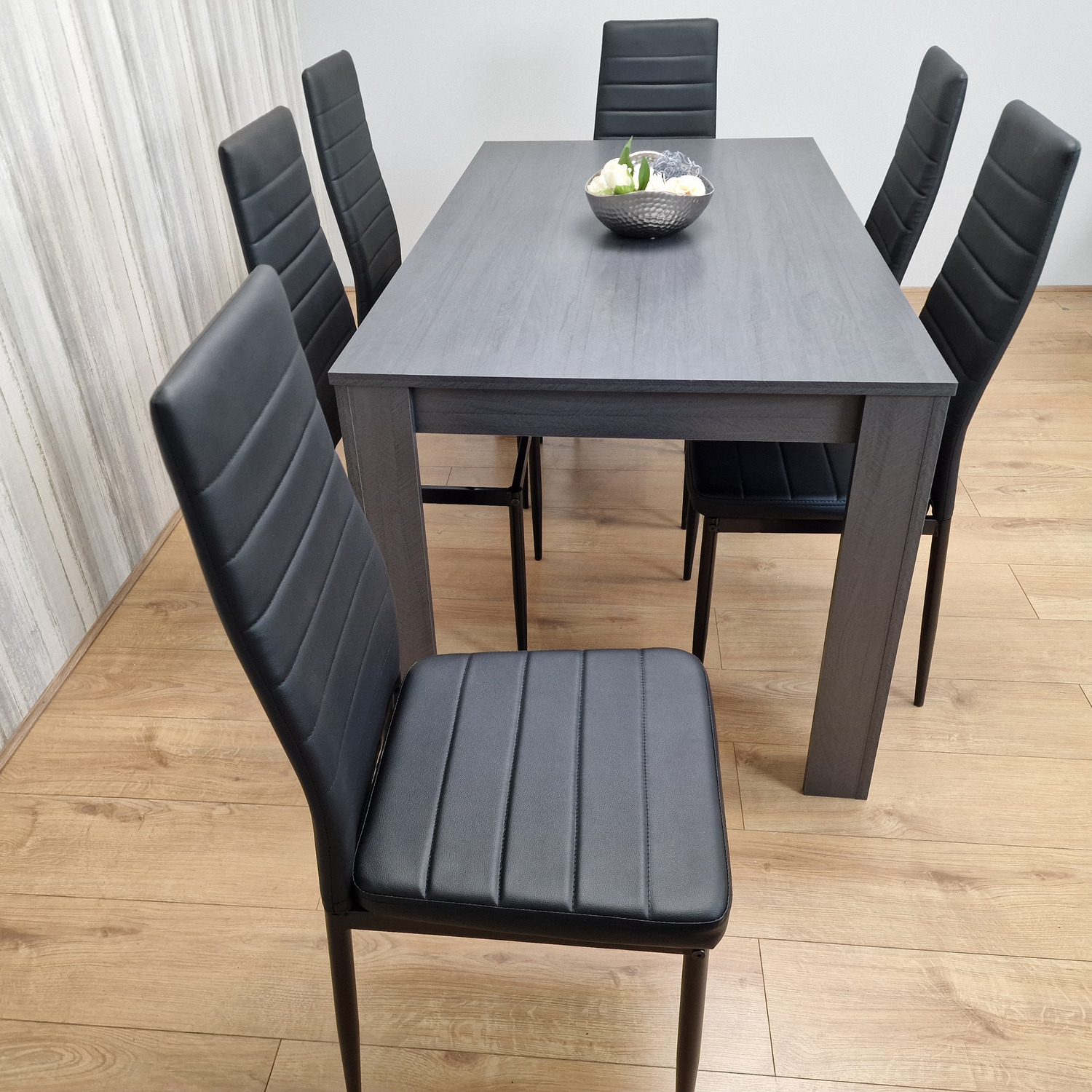 Dark Grey Dining Table Set with 4 Black Faux Leather Stitched Chairs