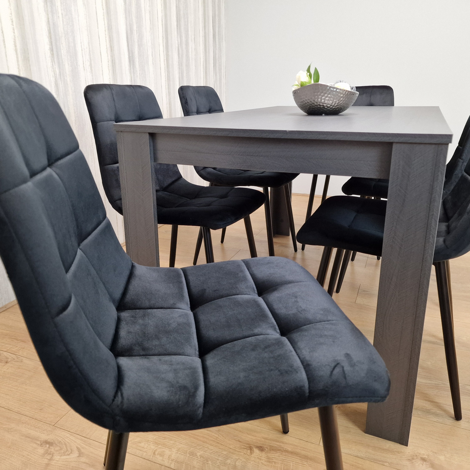 Dark Grey Dining Table Set With 6 Black Velvet Tufted Chairs