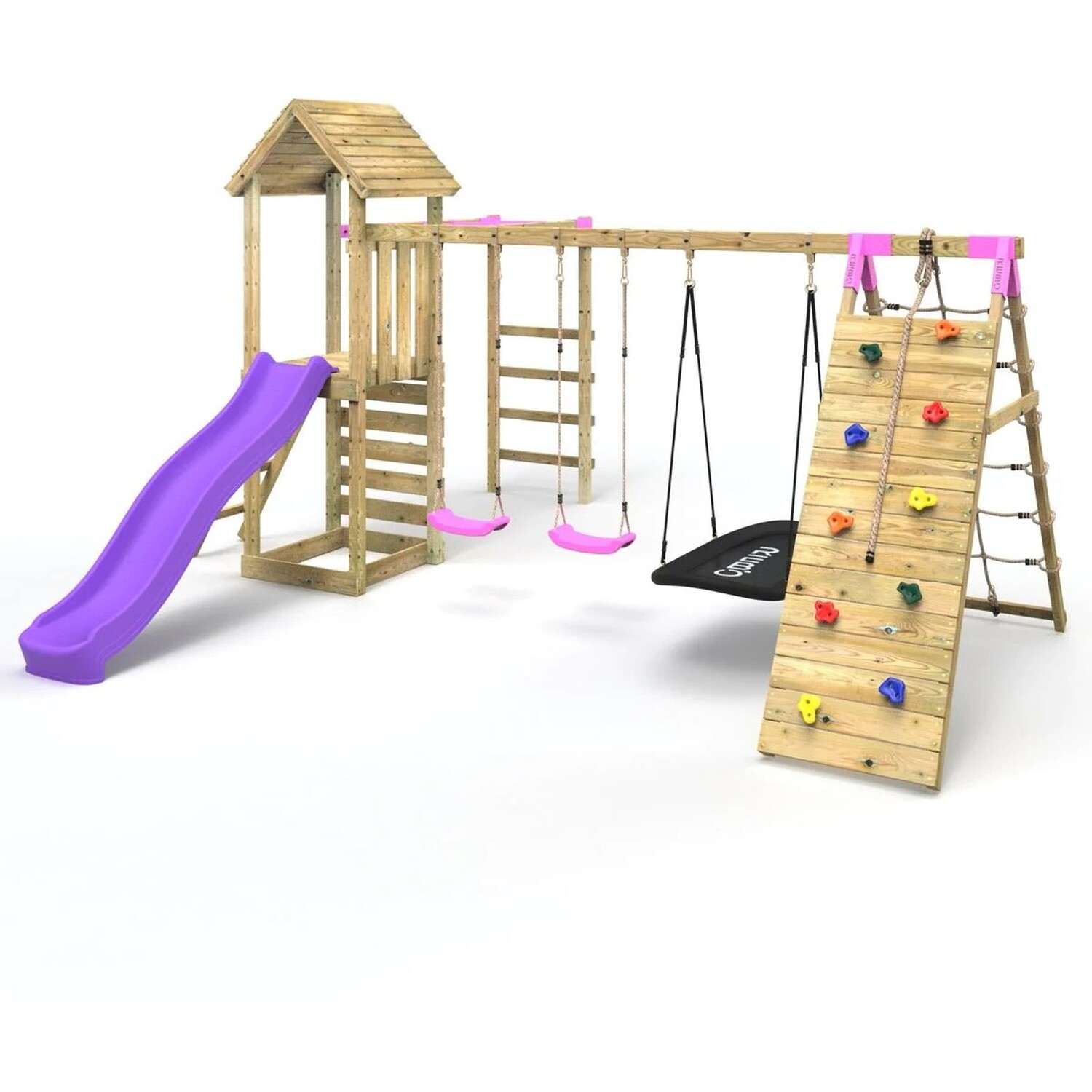 Wooden Climbing Frame with Swing, Climbing Wall, Monkeybars and Slide