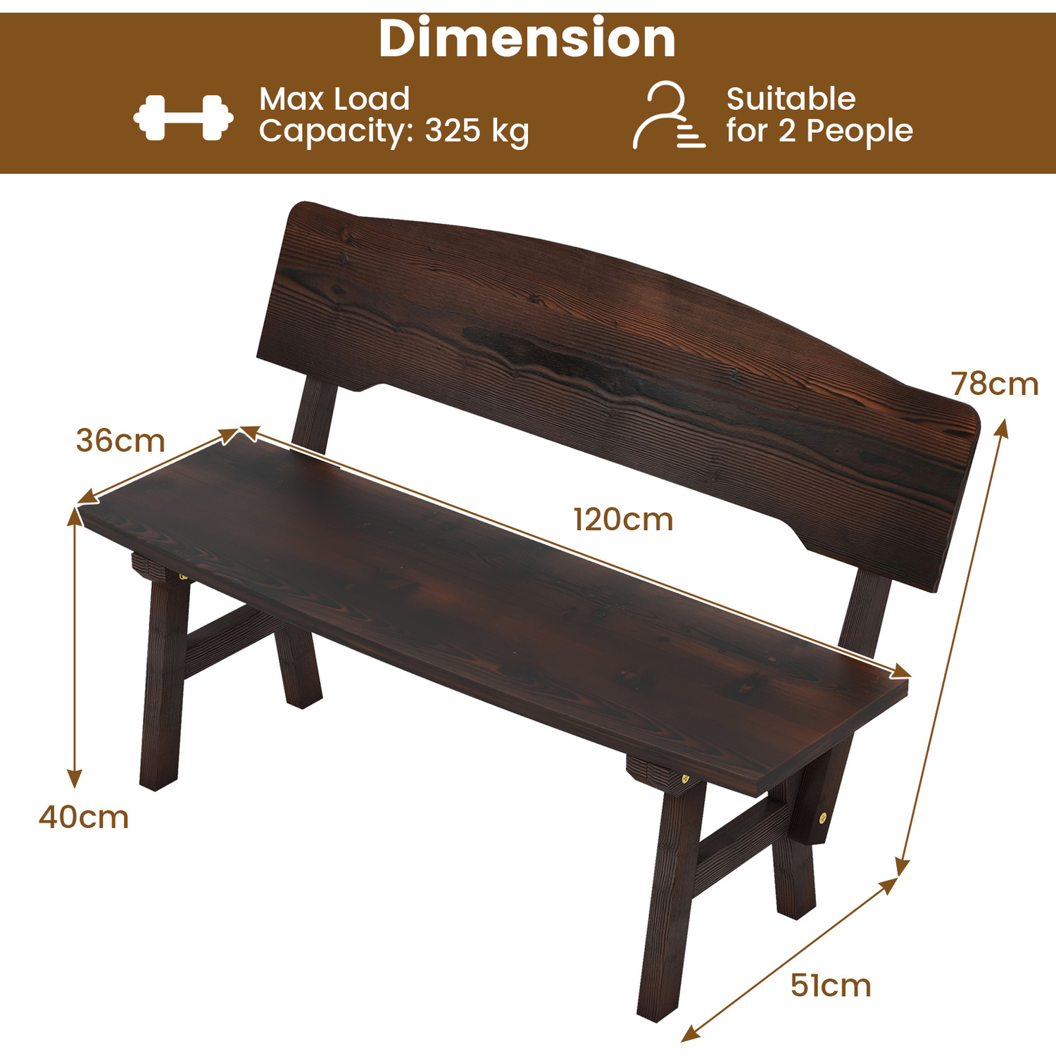 Outdoor Patio Bench with Inclined Backrest