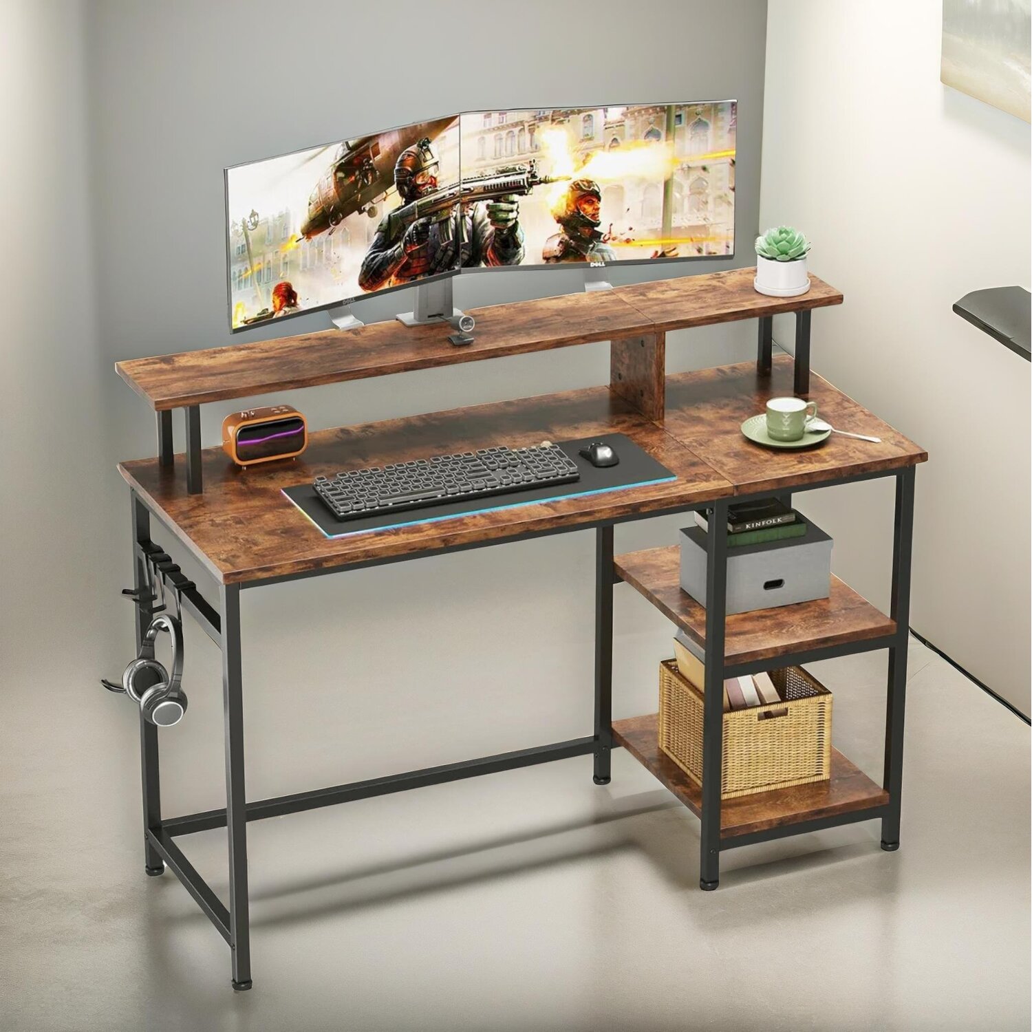 Industrial 107CM Computer Desk With Monitor Stand And Shelves