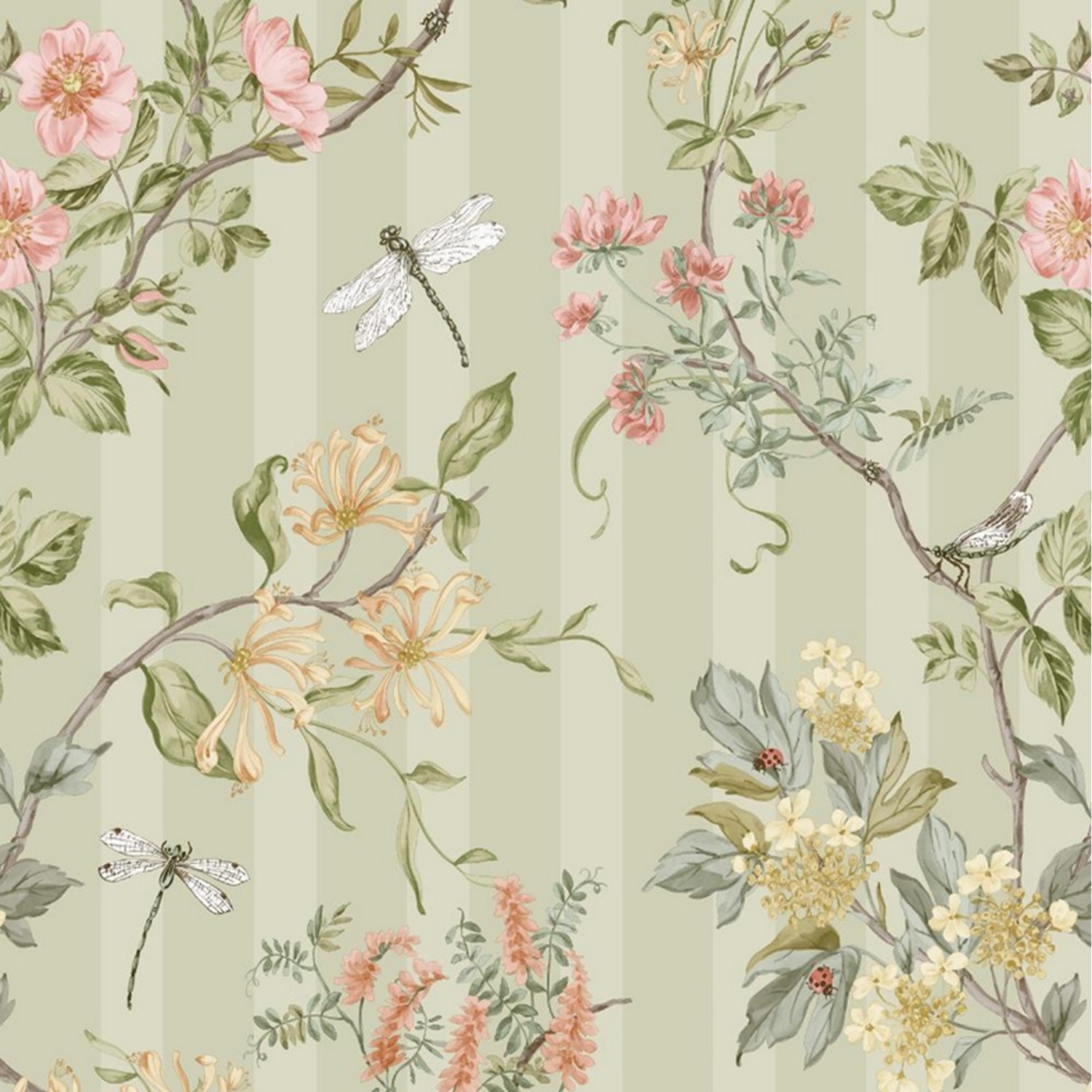 Hampton Gardens Stripe Floral Leaves Damselfly Wallpaper