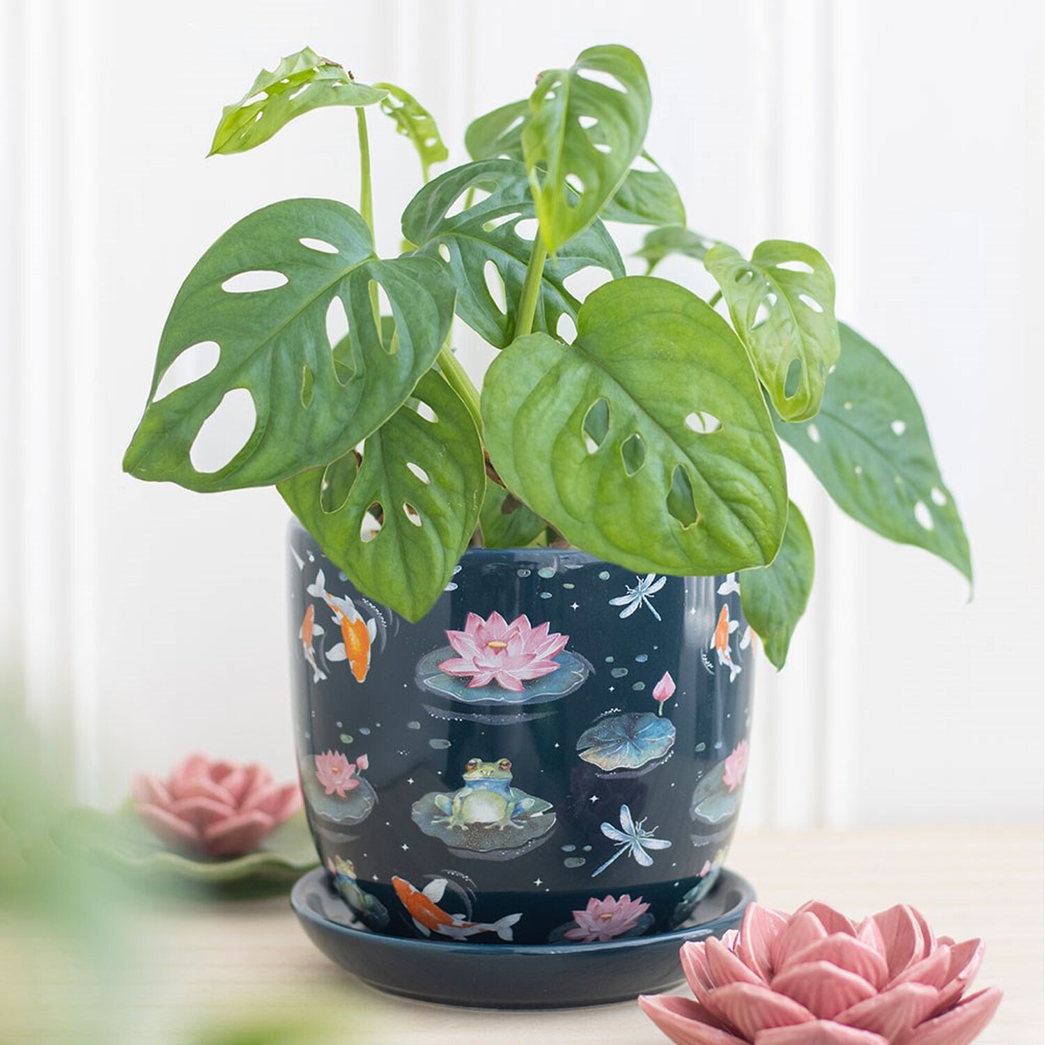 Ceramic Pond Print Plant Pot with Saucer