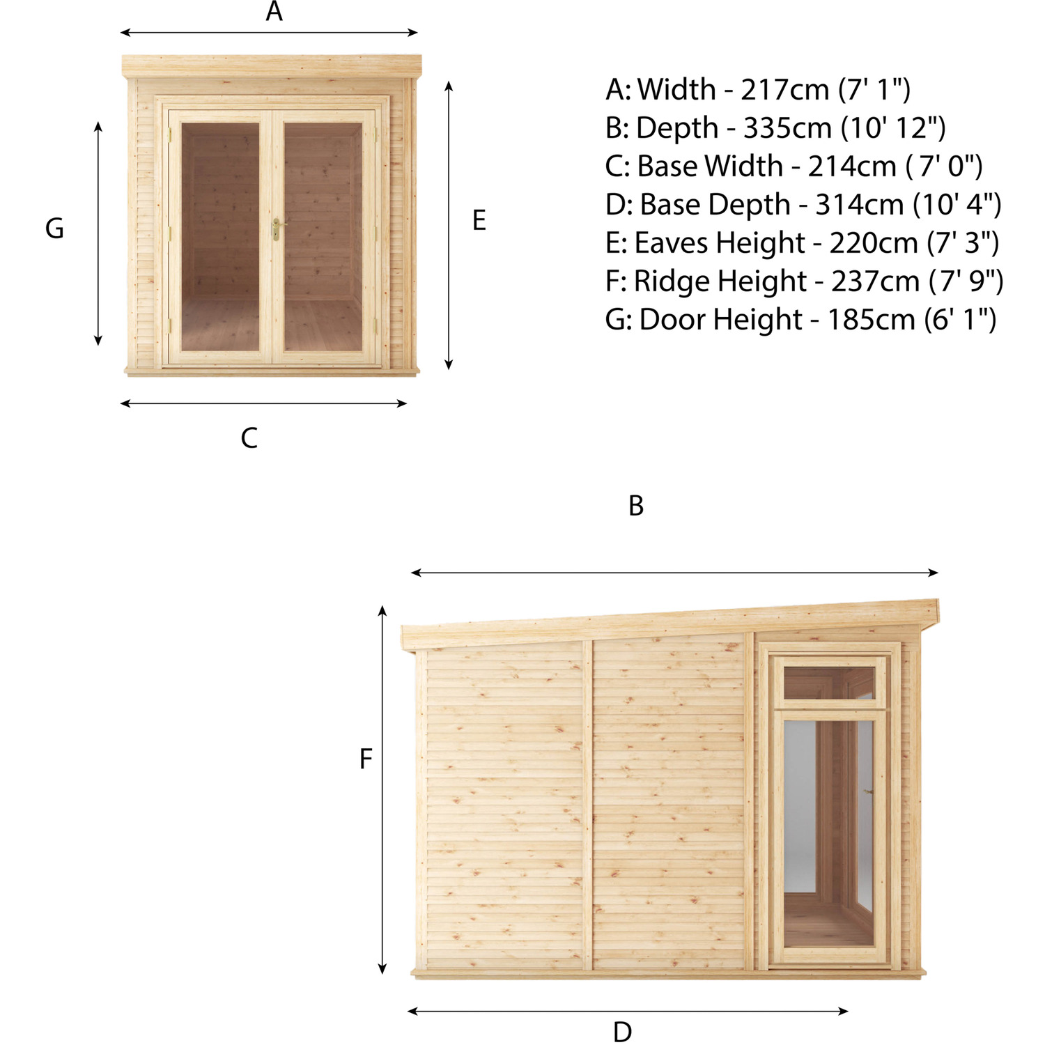 2m x 3m Wooden Insulated DIY Garden Room Pent Double Door