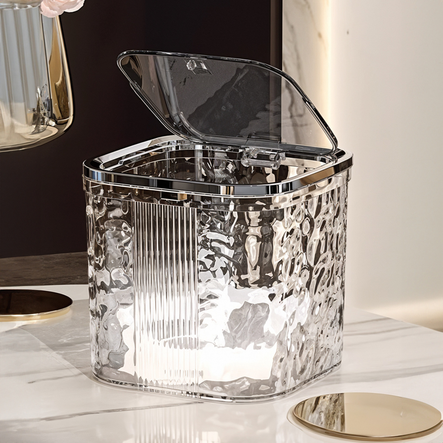 Mini Desktop Trash Bin with Press-Top Lid and Ripple Texture