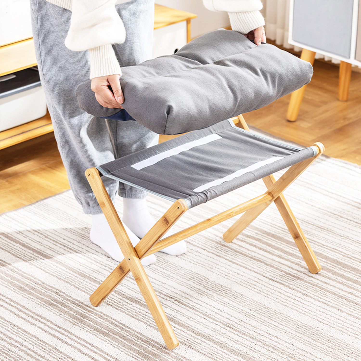 Padded Footstool with Bamboo Legs