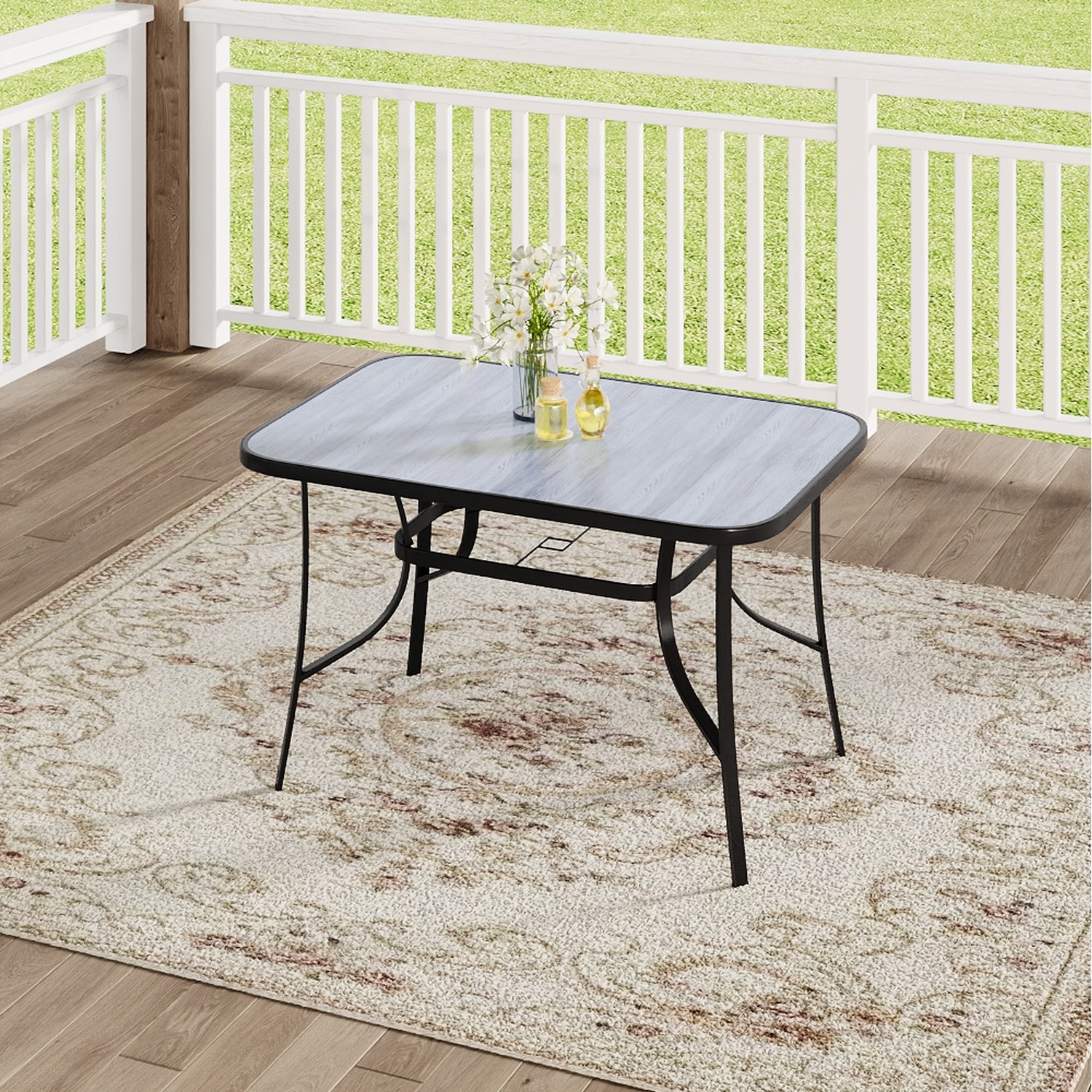 Rectangular Wood Effect Tempered Glass Garden Patio Table