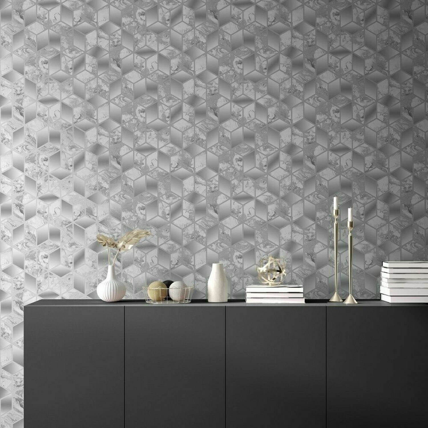 Metallic Shimmer Geometric Marble Elixir Cube Silver Wallpaper