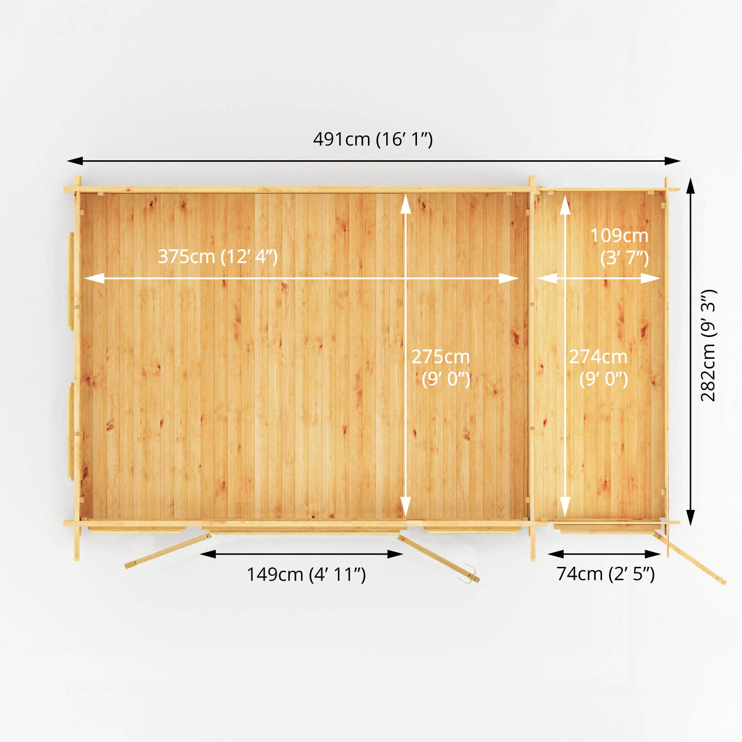 5.1m x 3m Wooden Log Cabin Studio with Side Shed Pent Roof - 44mm Thickness