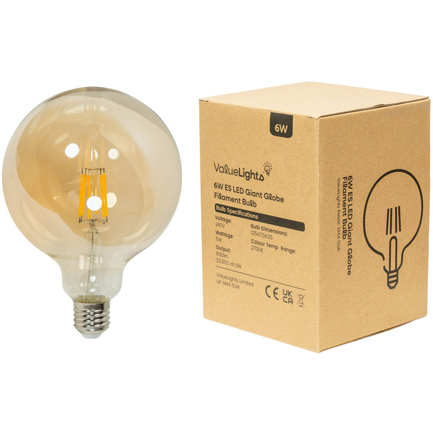 2 Pack E27 Amber Glass Bodied Globe LED 6W Warm White 2700K 660lm Light ...