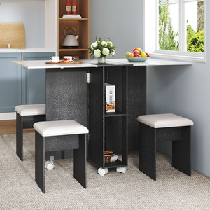 Foldable Dining Table with Storage Rack and Stool Set