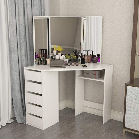 Corner White Make Up Dressing Table Set with 3 Mirror and Stool