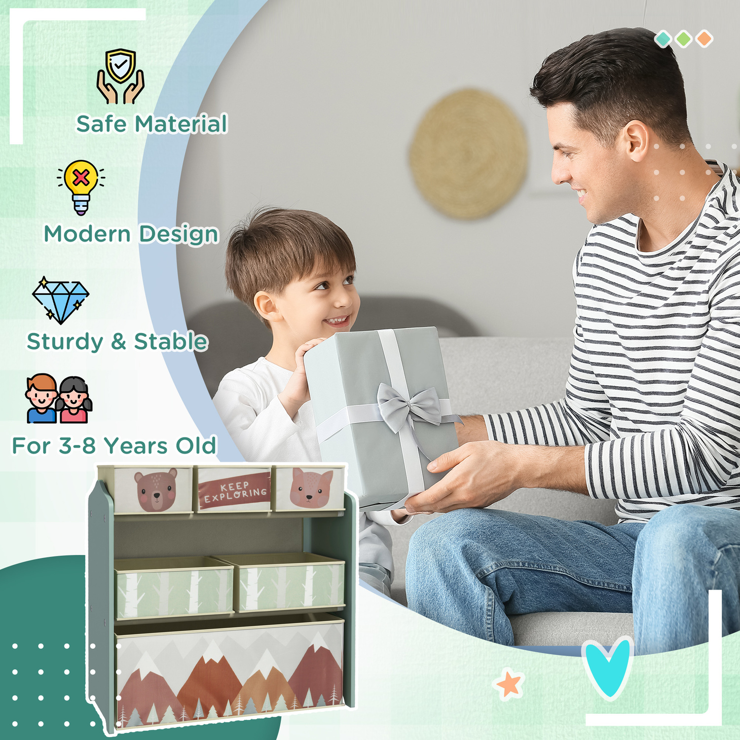 Kids Storage Units with 6 Fabric Bins Childrens Toy Storage Organiser