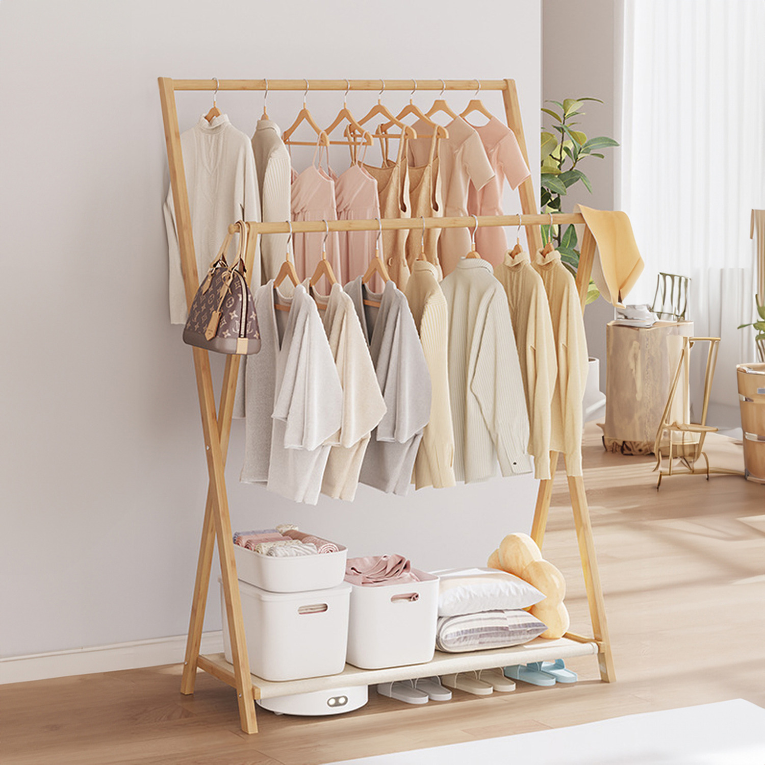 Bamboo Double Rod Clothes Rack