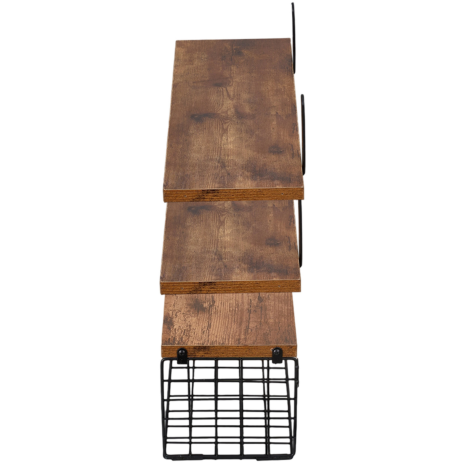 4-Tier Wall-Mounted Floating Shelves with Wire Basket