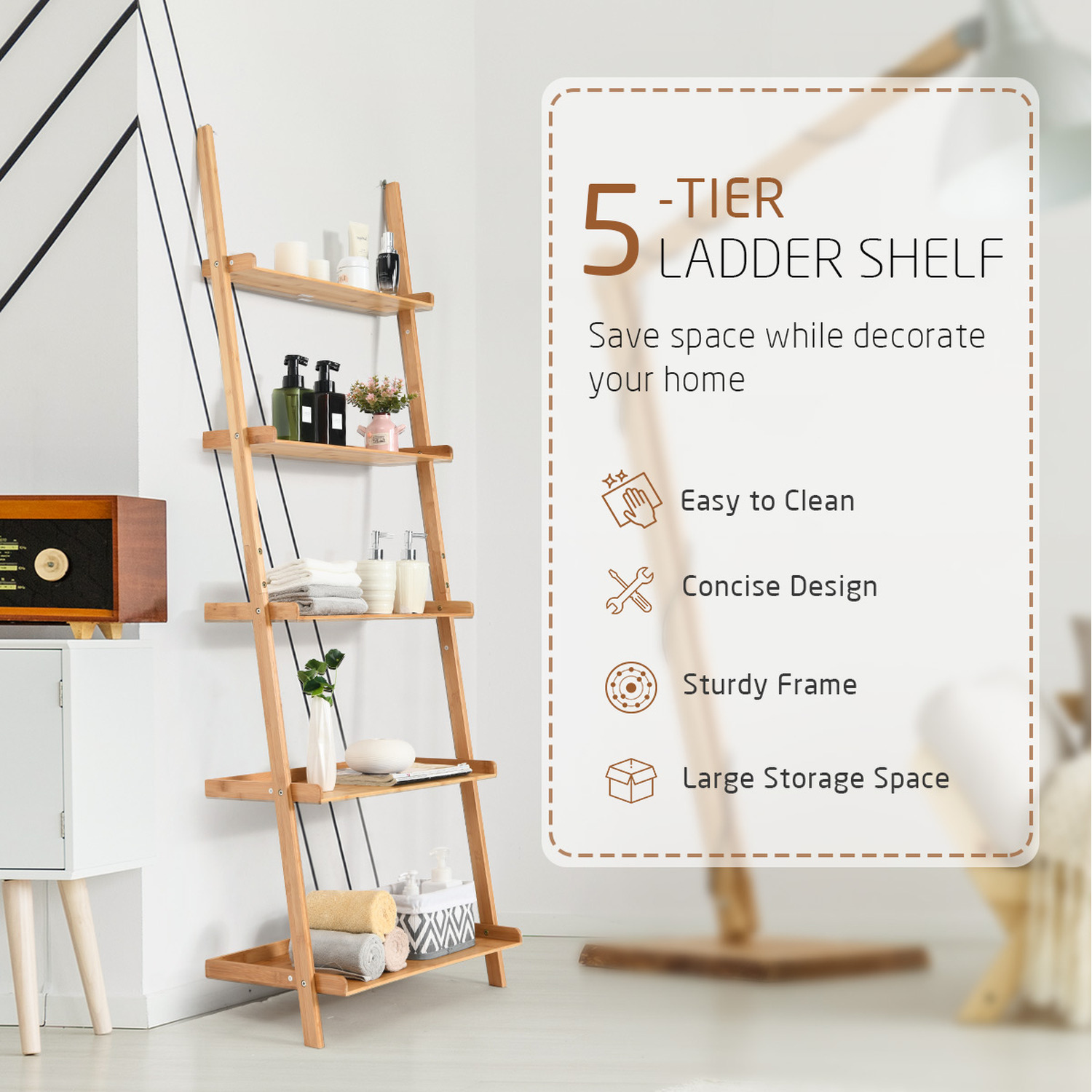 5-Tier Ladder Shelf Display Shelving-Natural