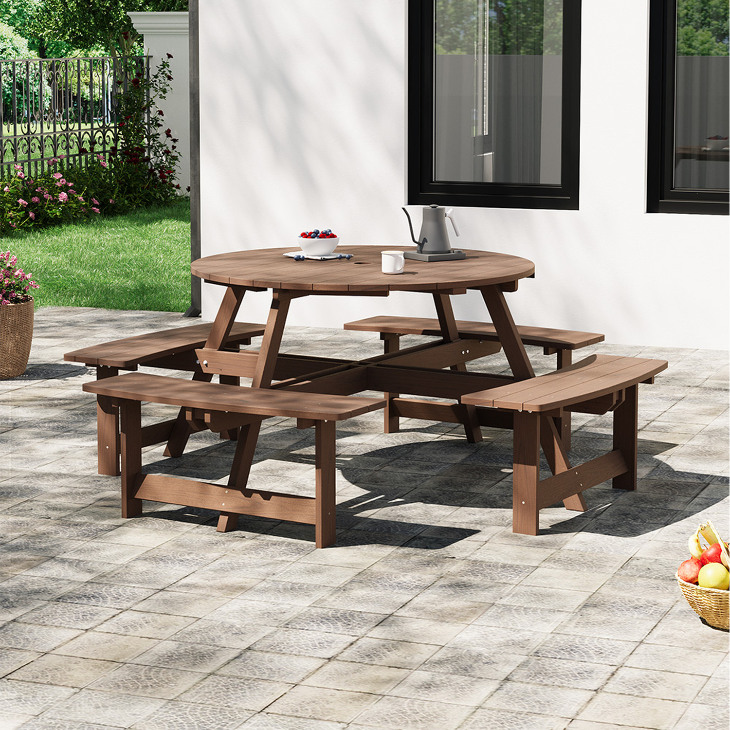 Round Garden Table and Bench Set