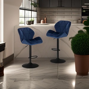 Set of 2 Blue Velvet Bar Stools Adjustable Swivel Bar Chairs