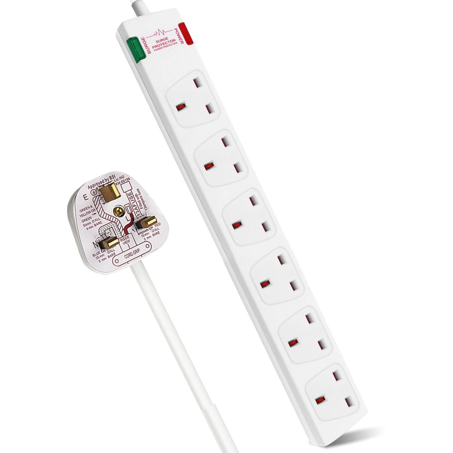 6 Way Socket Multi Plug Outlet Extender with Cable and Surge Protector