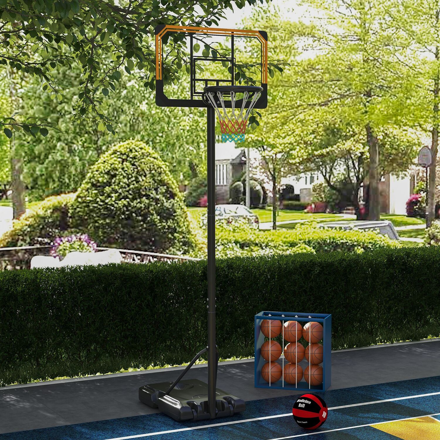 Basketball Backboard Hoop Net Set with Wheels, 182-213cm, Black