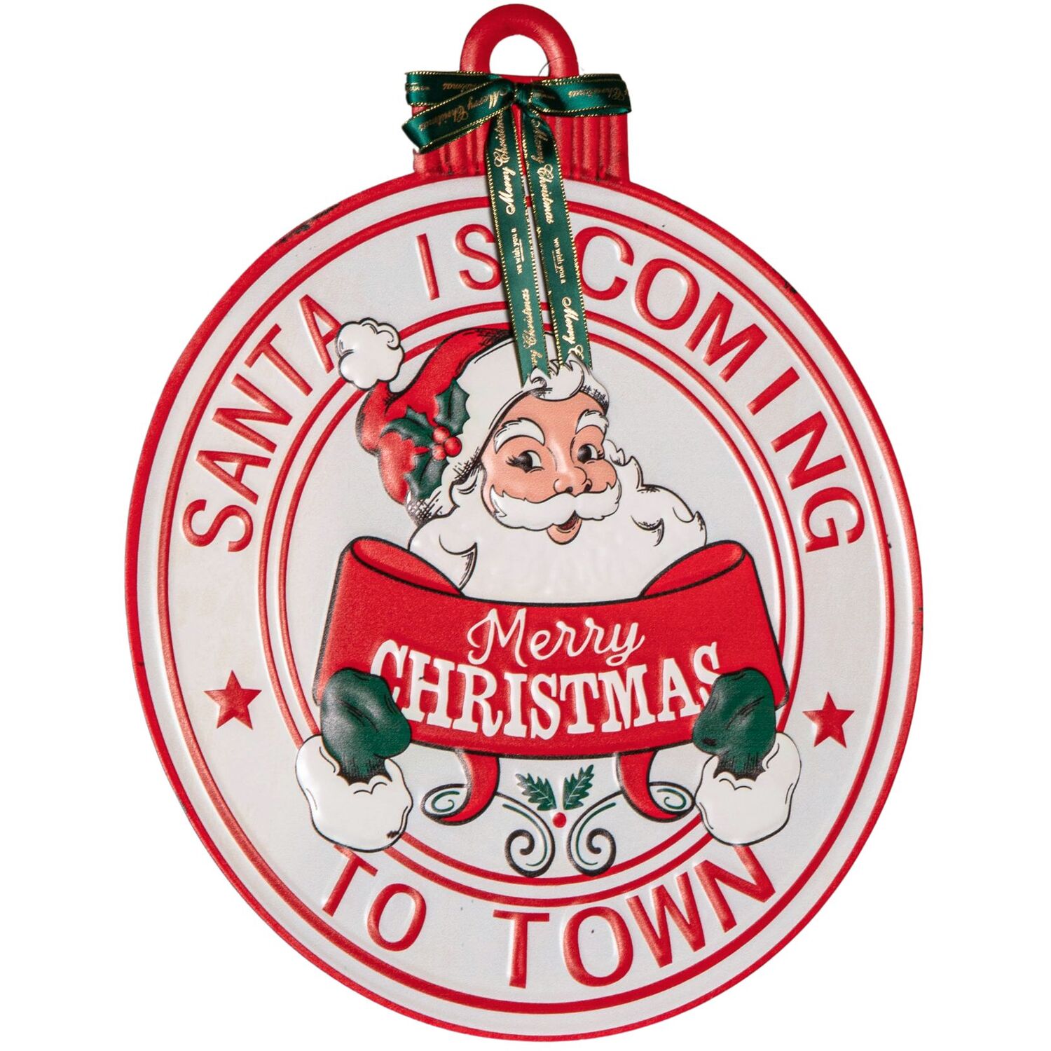 Round Metal Santa is Coming to Town Christmas Sign