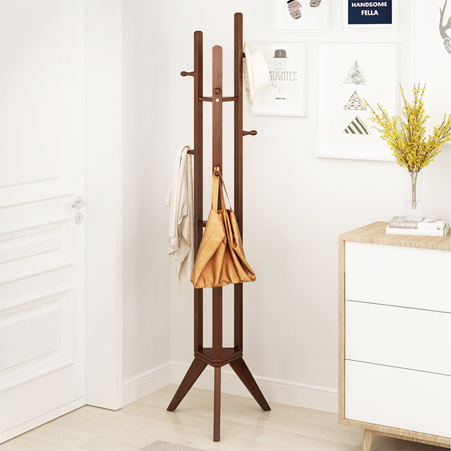 Wooden Coat Rack with 3 Poles Equipped with Hooks