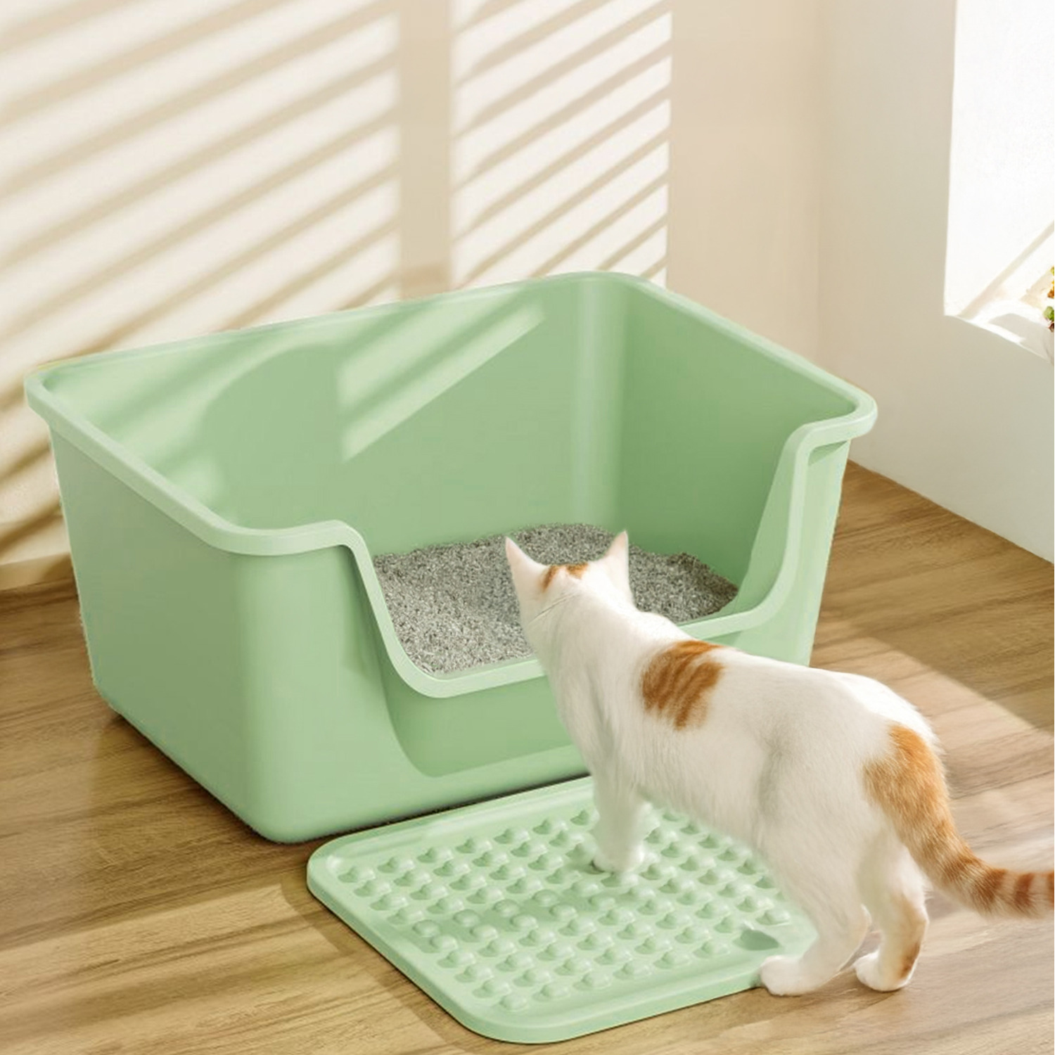 Solid Colour Open Litter Box with Liner Mat