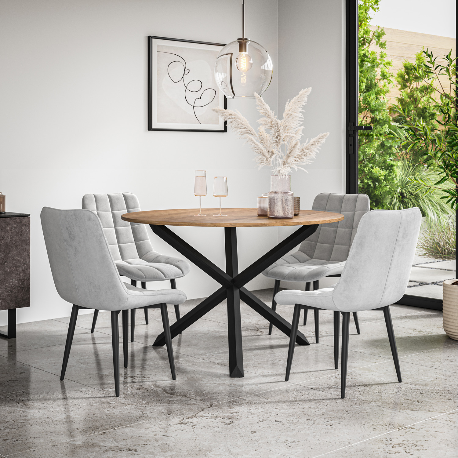 Malvern Round Oak Effect Dining Table Set w Black Oak Legs 4-6 Nova ...