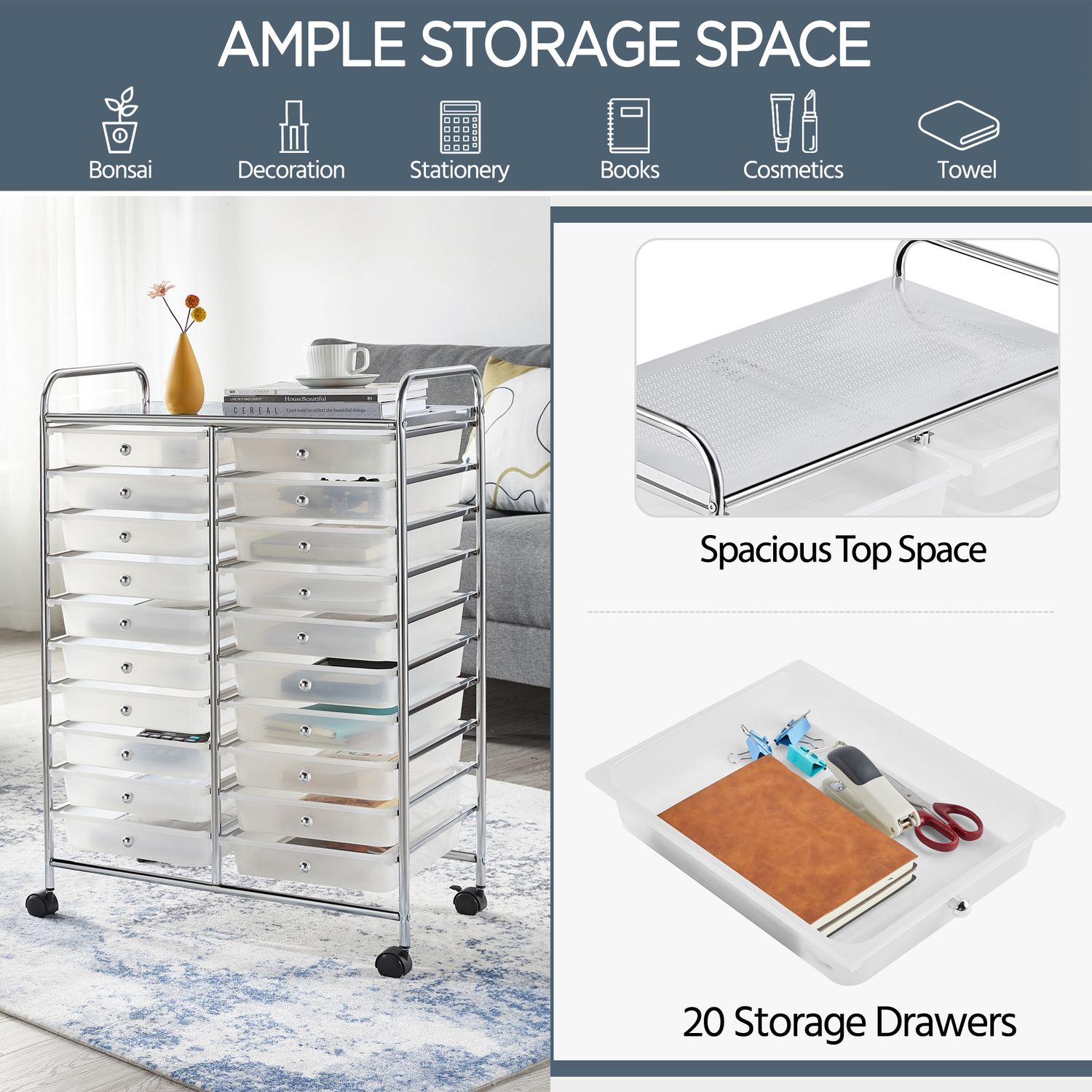 20 Drawer Rolling Storage Trolley Cart