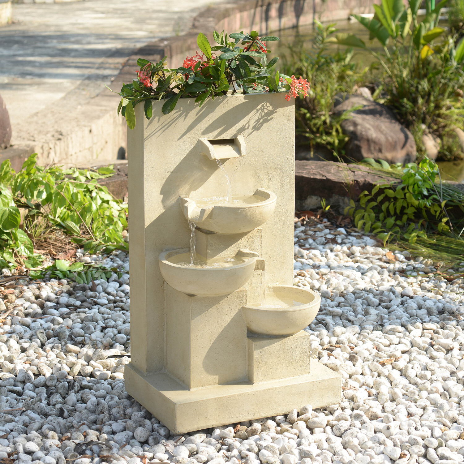 3-Tier Cascading Outdoor Water Fountain with Planter LED Lights