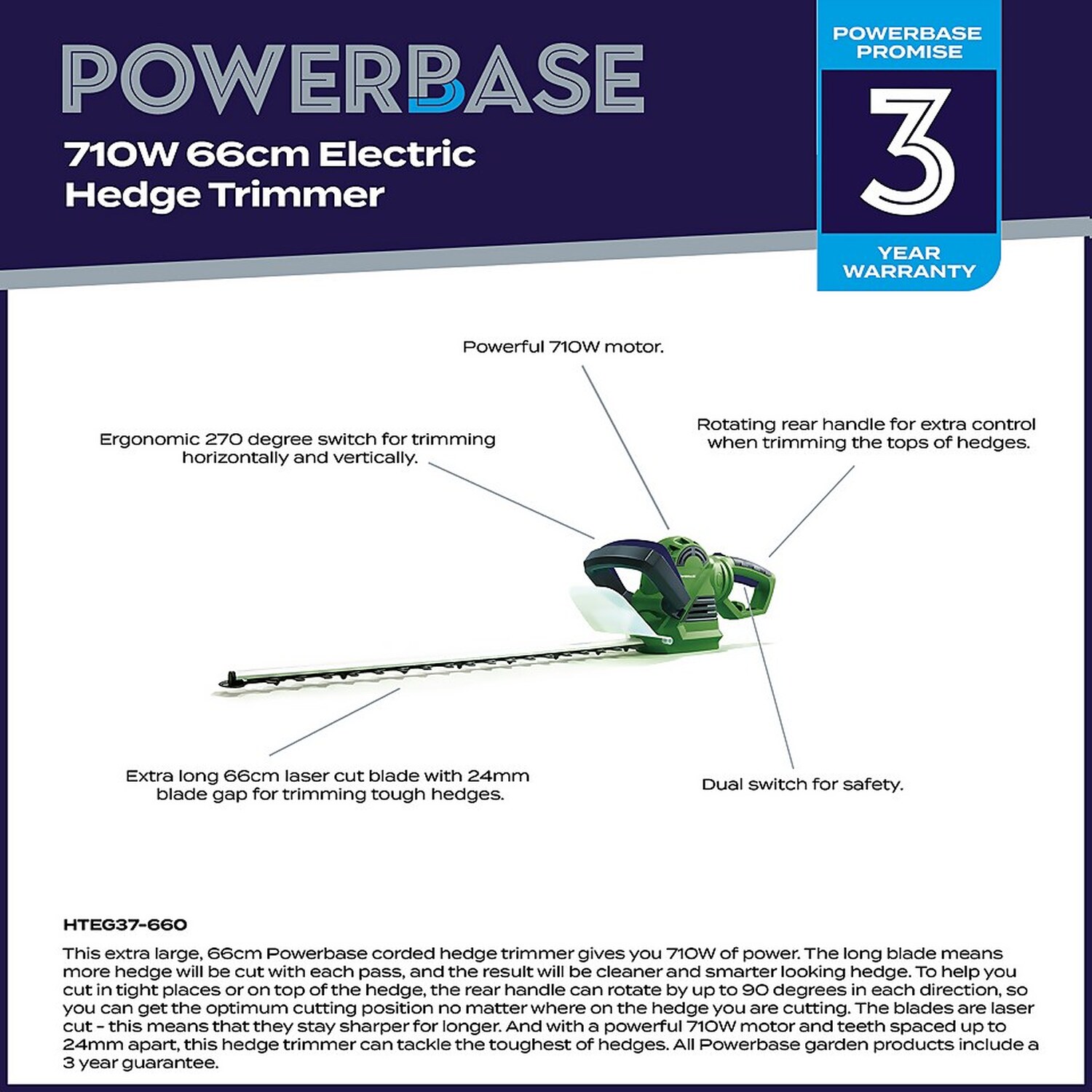 Powerbase 710W 66cm Hedge Trimmer