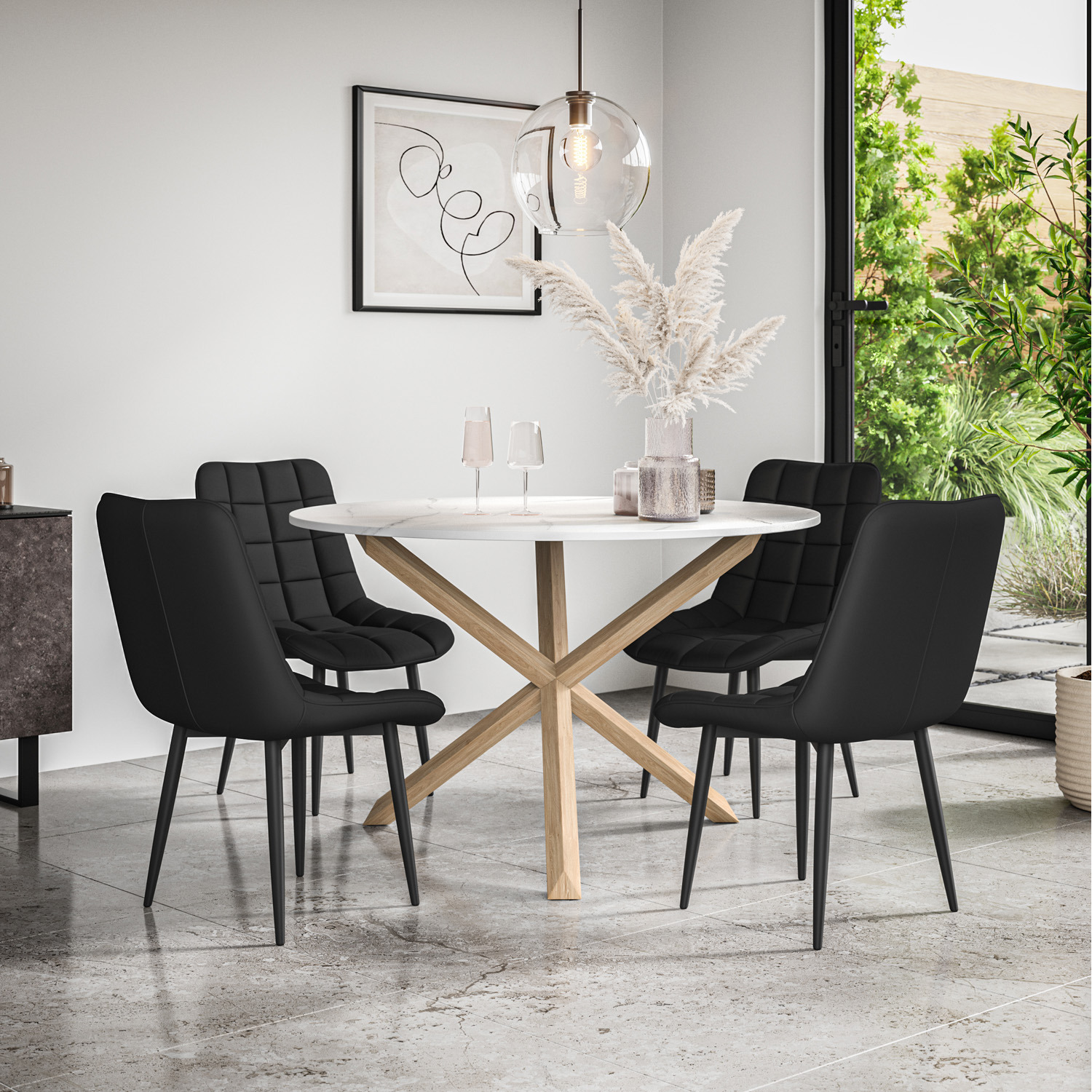 Malvern Round Marble Effect Dining Table Set w Oak Legs w 4-6 Nova ...