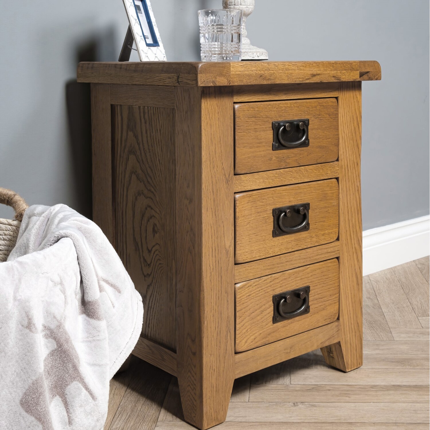 Rustic Oak 3 Drawer Bedside Cabinet Table Solid Tough And Grove Fully ...