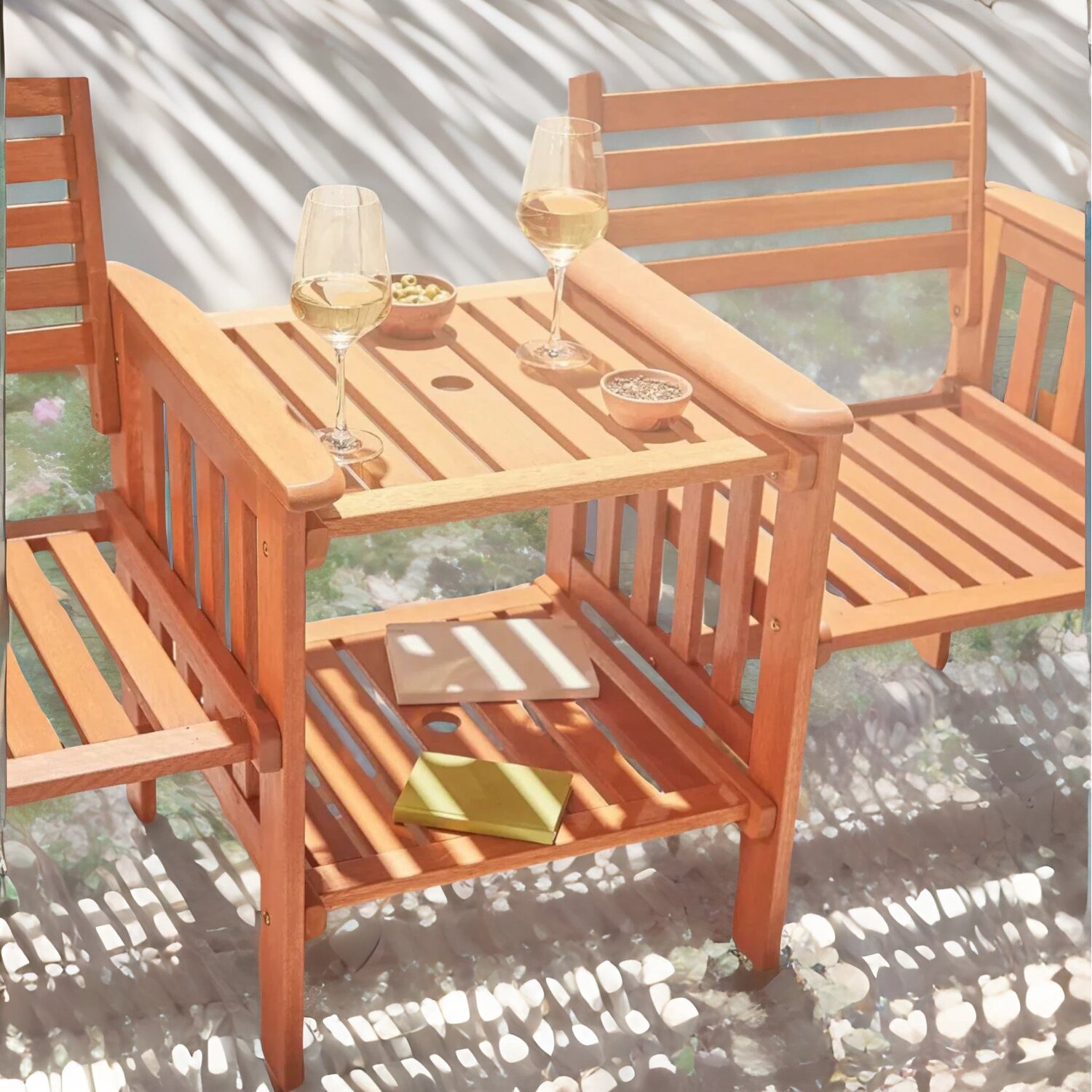 Wooden 2 Seater Outdoor Bench With 2 Tier Table Love Seat