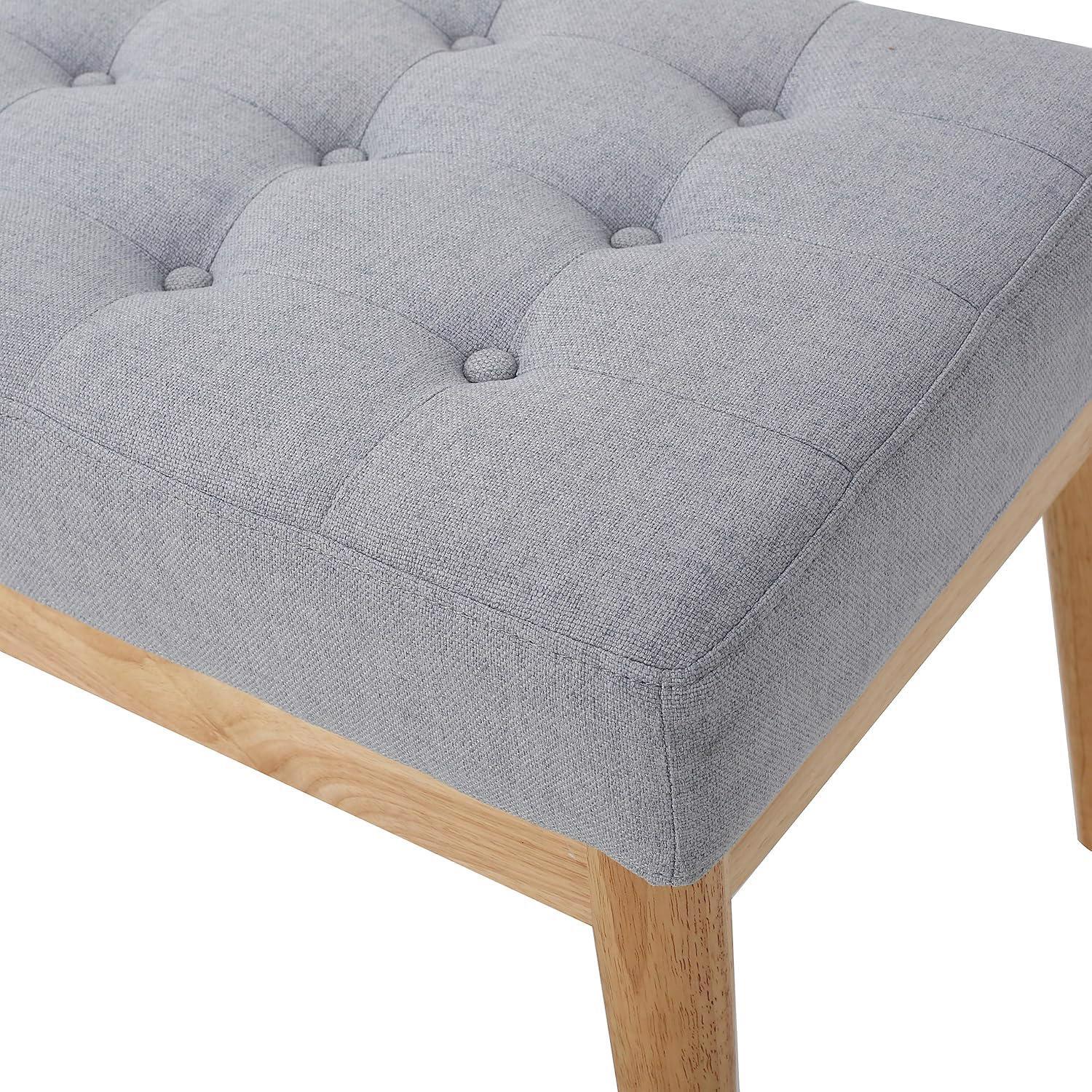 Upholstered Light Grey Bench Seat Padded Buttoned Oak Frame