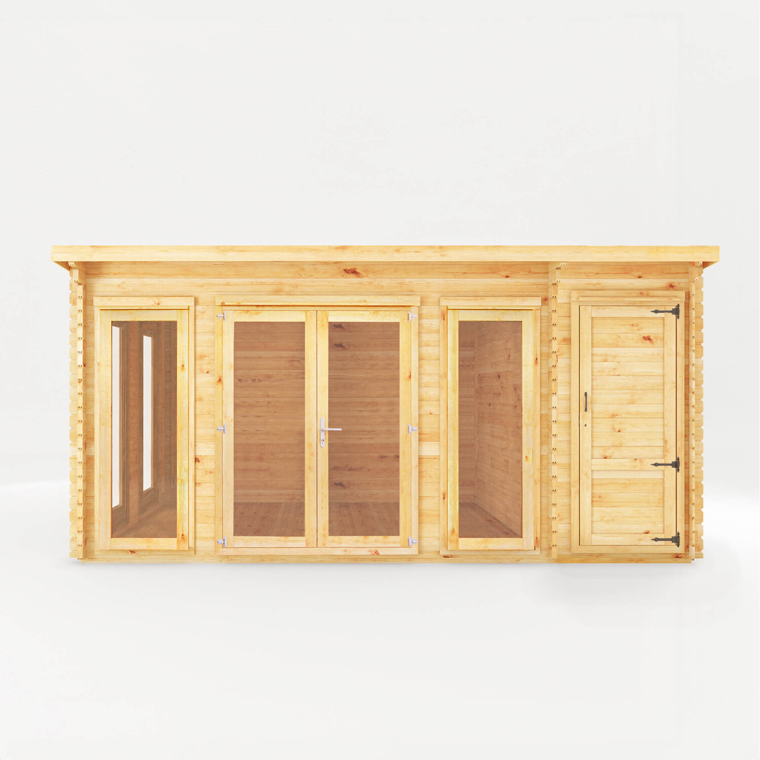 5.1m x 3m Wooden Log Cabin Studio with Side Shed Pent Roof - 44mm Thickness