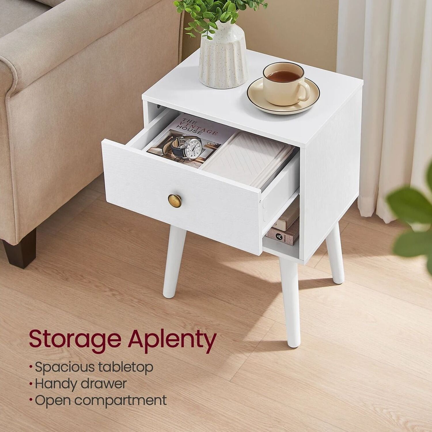 Bedside Table Storage Drawer and Open Shelf