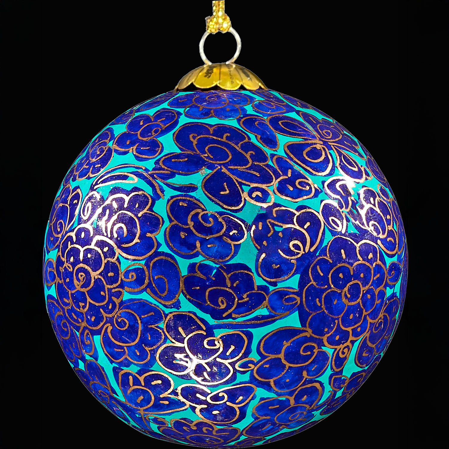 Enchanted Royal Blue Handmade Bauble with Gold Floral Design