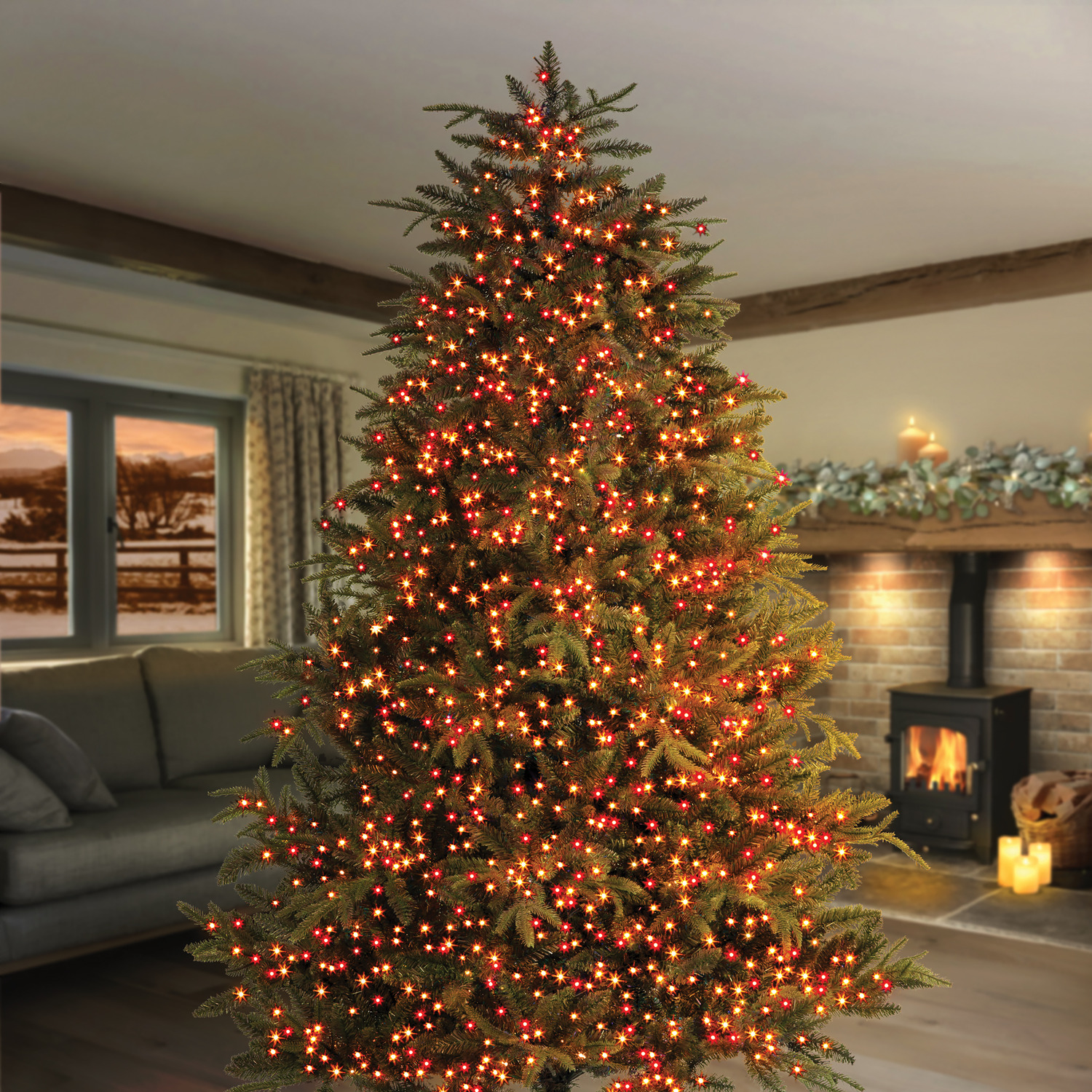 750 LED 6ft Christmas Tree Lights Multi Action Timer Red Vintage Gold