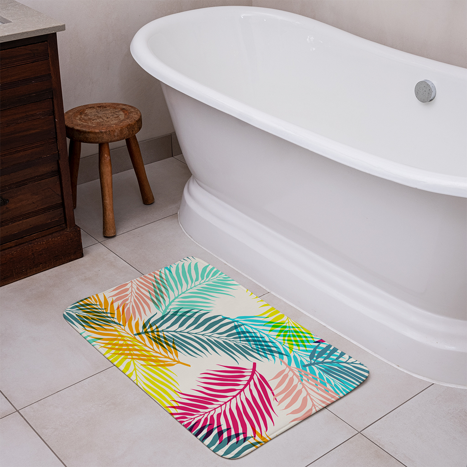 Multi Coloured Tropical Leaves Soft Bathmat