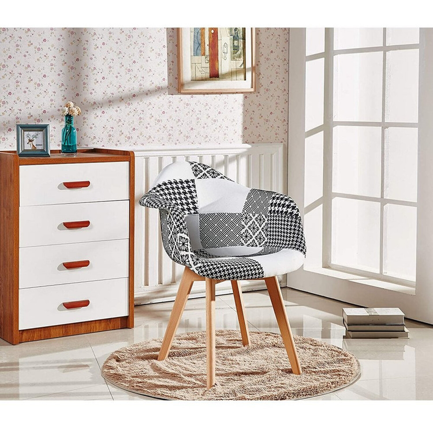 Set of 2 Chrono Patchwork Tub Fabric Dining Chair with Arms for Dining Room