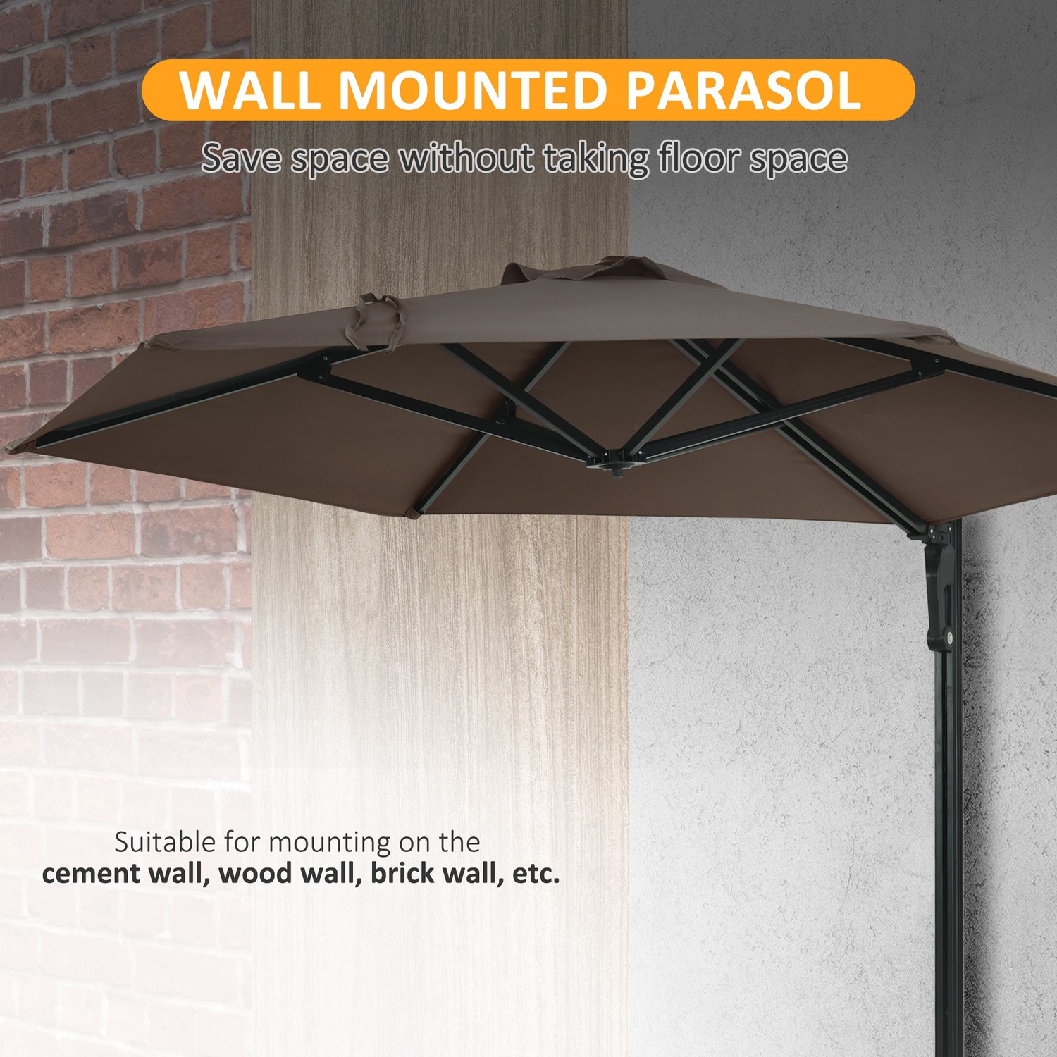 Wall Mounted Parasol with 180 Degree Rotatable Canopy for Outdoor