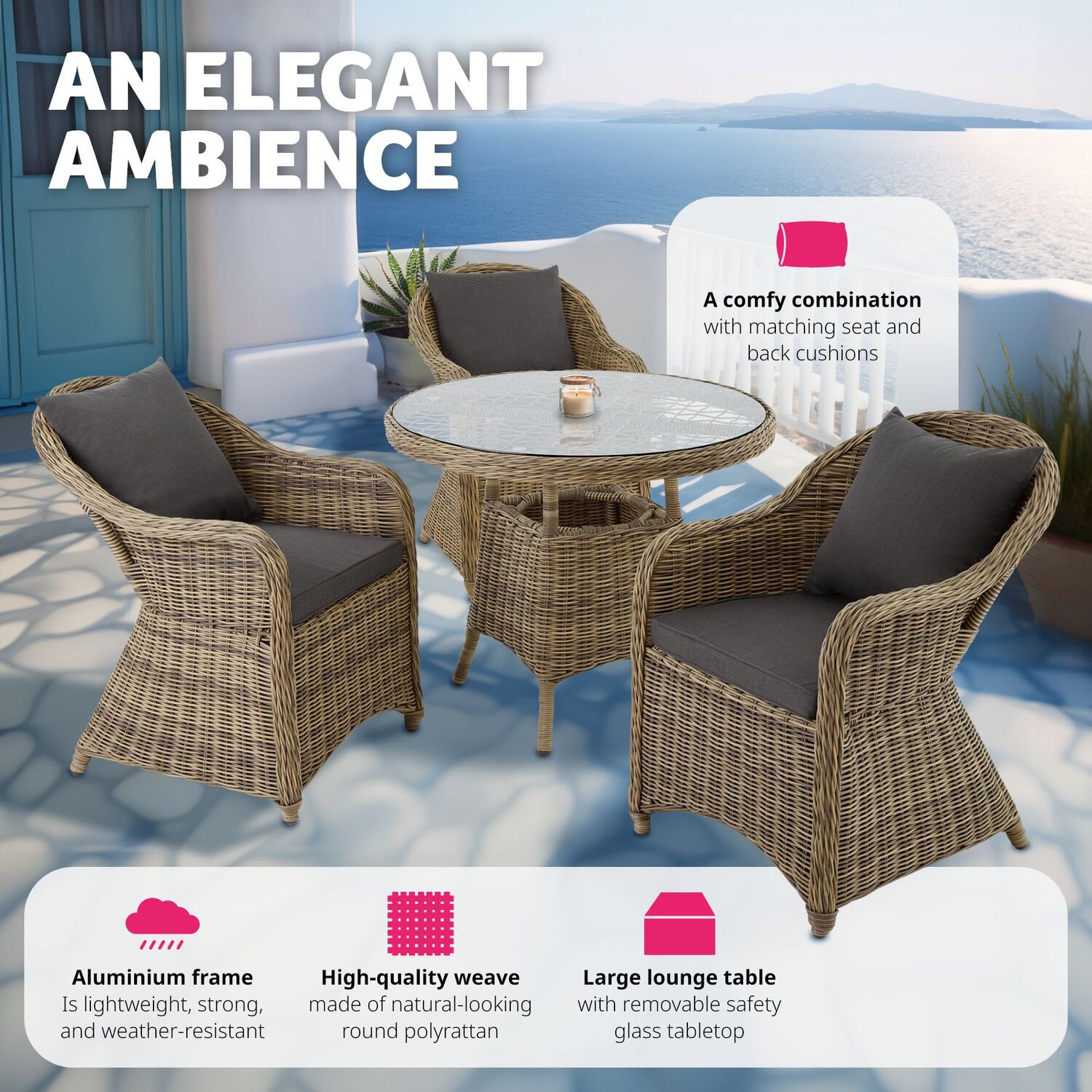 Rattan Garden Bistro Set Zurich 3 Armchairs 1 Table