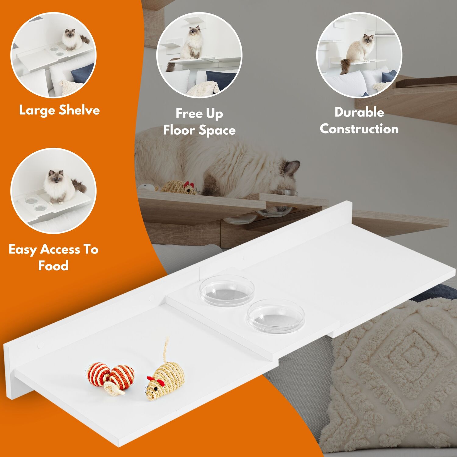 Wall Mounted Cat Feeding Station With 2 Removable Glass Bowls