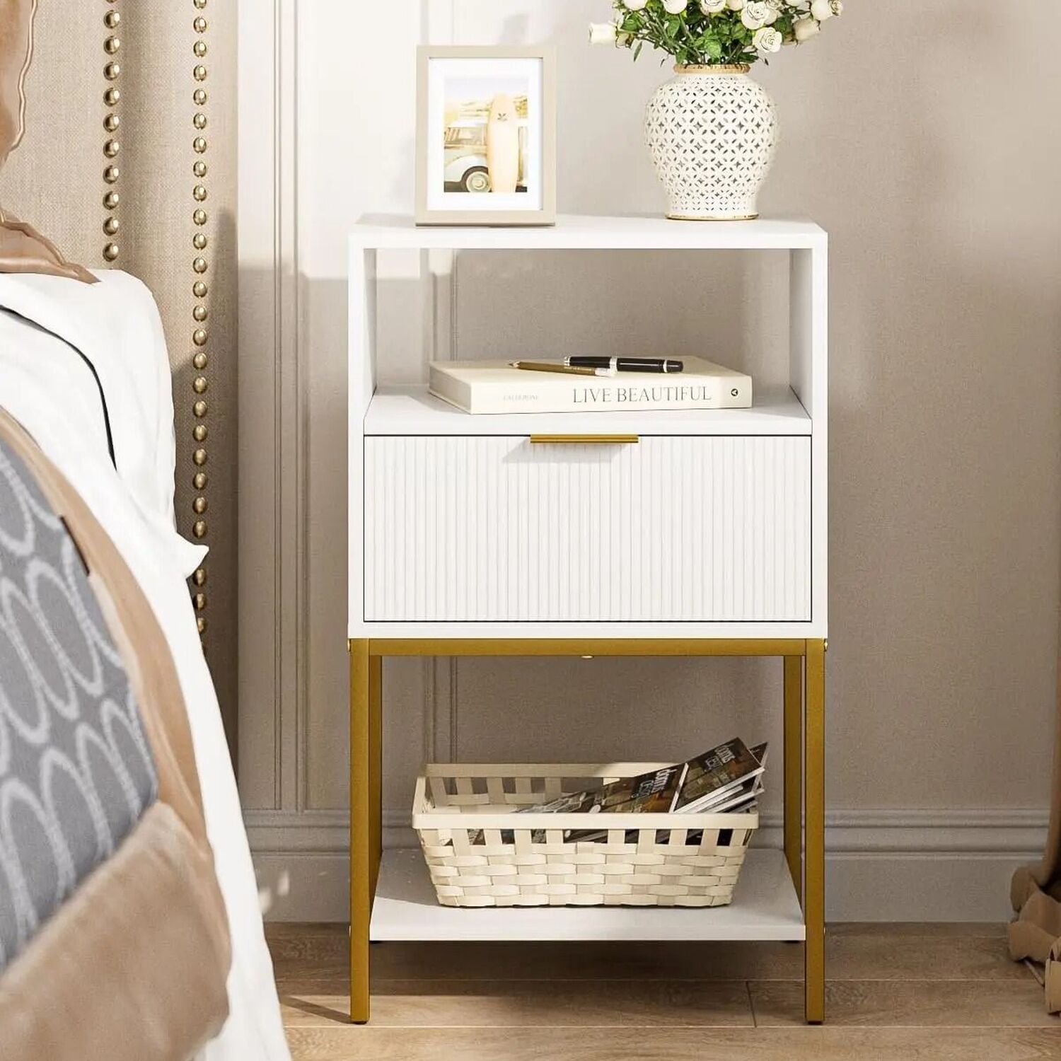 Tall Bedside Table with Gold Frame