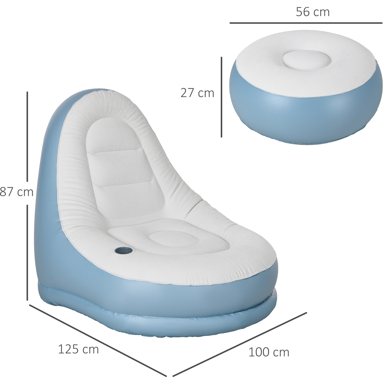 Outsunny Inflatable Chair and Foot Stool Set with Cup Holder, Grey and ...