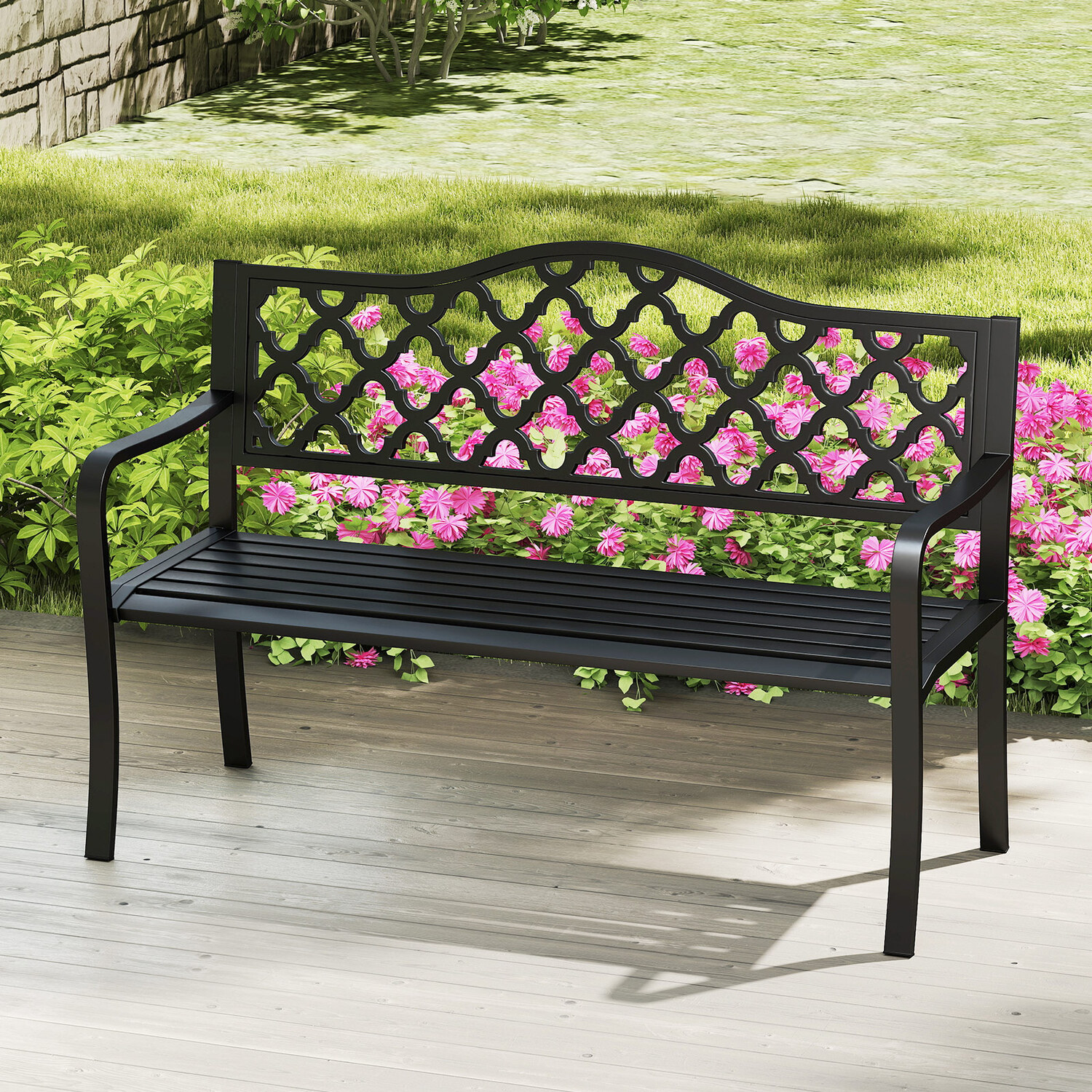 128CM Slatted Metal Garden Bench