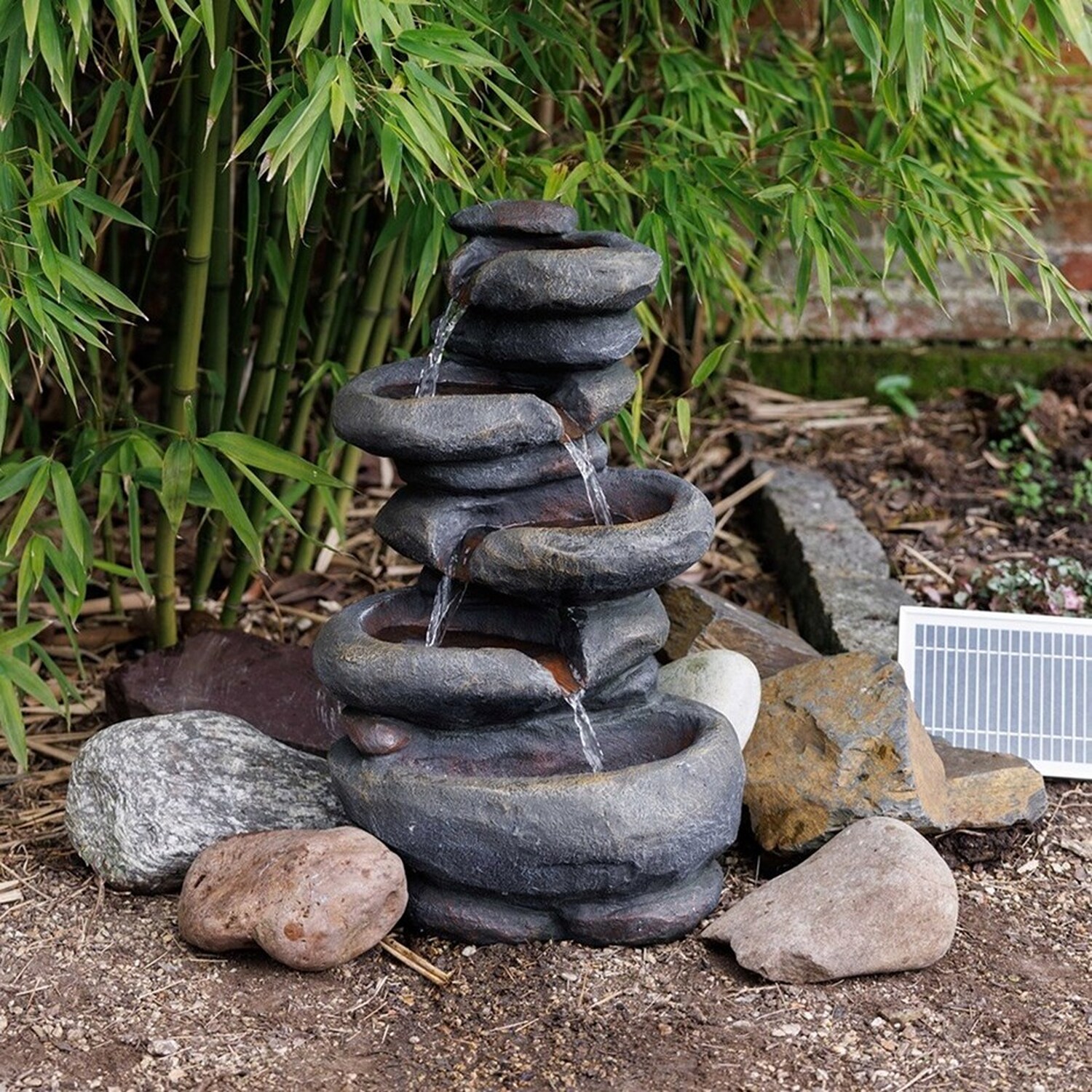 57cm Solar 4 Tier Stacked Boulder Cascading Water Feature with LED Lights